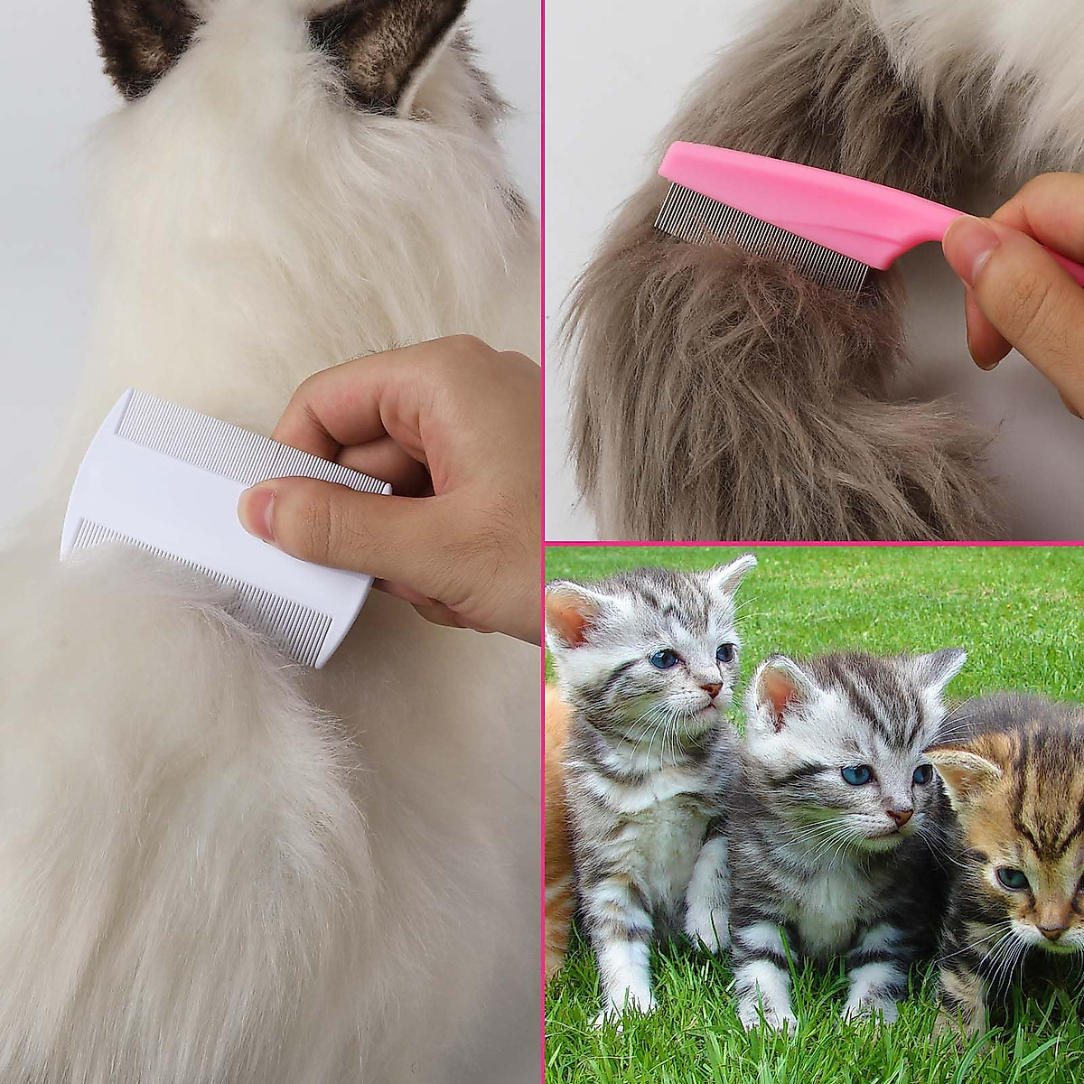 4pcs Flea Comb for Cats and Dogs, Double-Sided Fine-Tooth Lice Comb Tear Stain Removal Stainless Steel and Plastic Multifunctional Magic Pet Hair Cleaning Grooming Tools Brush(pink)