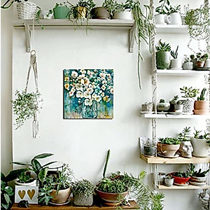 Bathroom Decor Canvas Print Picture Wall Art Teal Blue Theme modern home flower artwork suitable for dining room, bedroom, bathroom, office wall decoration