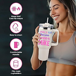 40 Oz Insulated Tumbler with Handle and Straw,A Girl Who Love Mike Stainless Steel Vacuum Insulated Travel Mug,Leak-proof Water Bottle Iced Coffee Cup,Gradient Text