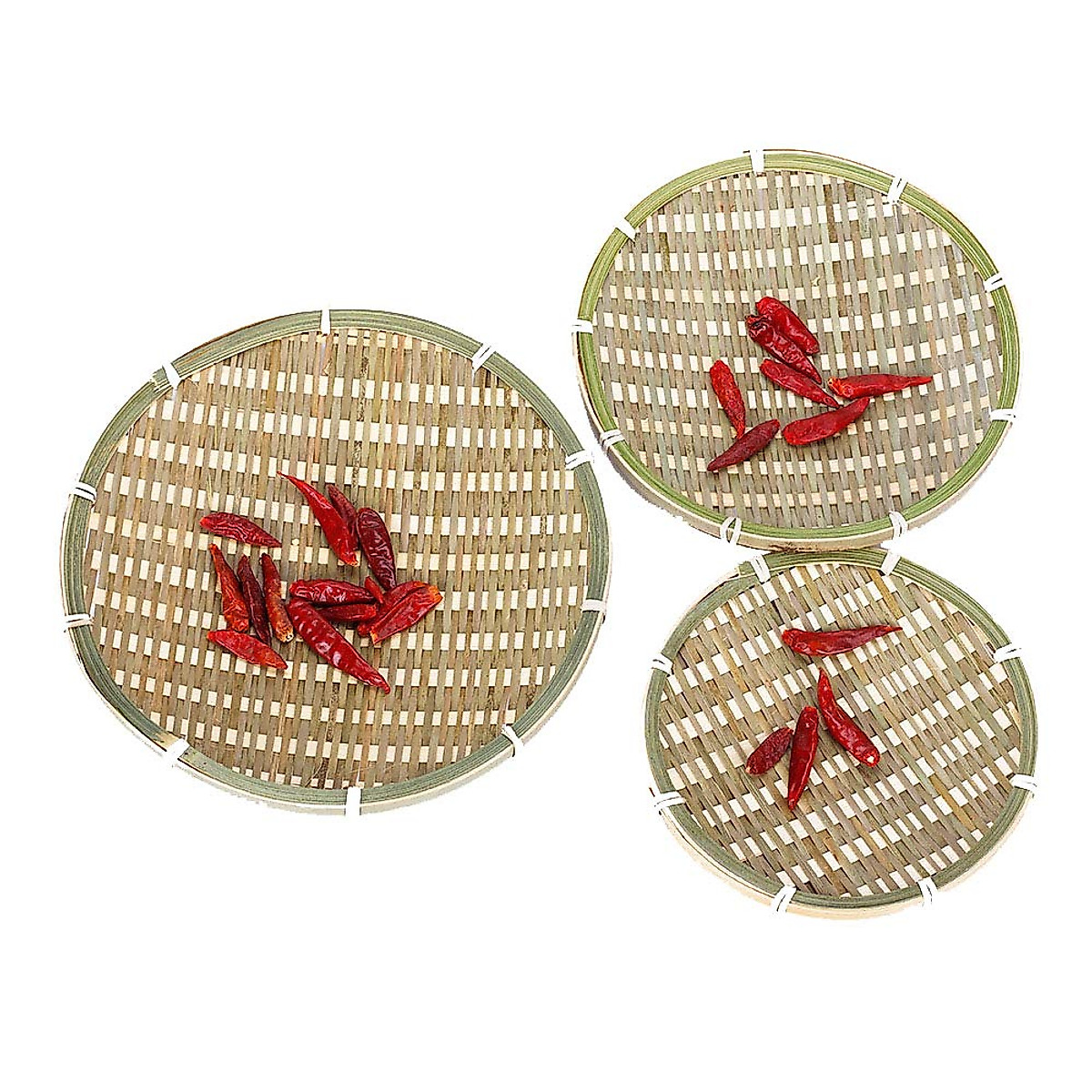 3Packs 100% Handwoven Flat Wicker Round Fruit Bamboo Basket Woven Food Storage Weaved Shallow Tray Holder Bowl Decorative Rack Display for Food Fruit Serving Stand Decor (Green, 3Pcs Bulk Price)