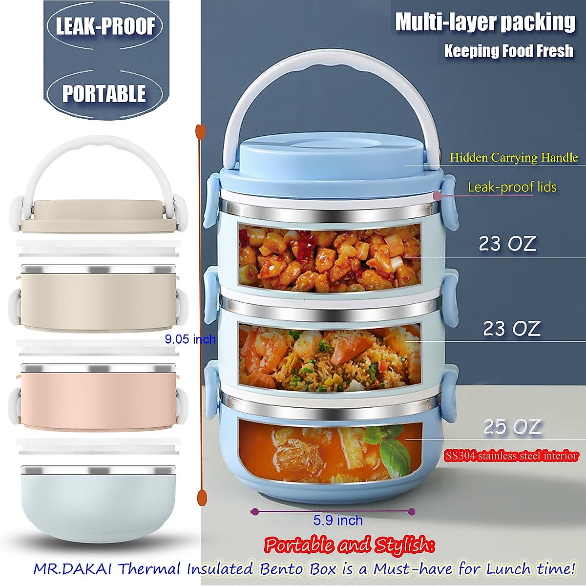 Bento Box Adult Lunch Box with Insulated Bag Spoon Fork, Stainless Steel Thermal Food Container 3-Tier Stackable Lunch Box for Adults Teens, Leak-proof Salad Snack Boxes for Work, School- Rainbow