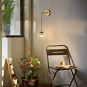 BOKT Mid Century Modern Globe Wall Sconce Lighting Brushed Brass Gold Bathroom Wall Light Clear Bubble Glass Ball Wall Light Fixture Lamp Bedroom Bedside Wall Light (Gold+Clear)