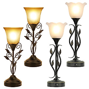 Bedside Lamps, Table Lamp with USB Port 3 Way Dimmable Touch lamp Torchiere Nightstand Lamps with Rustic Vines Leaf and Glass Flower Shade lamp for Bedroom, Living Room, Office