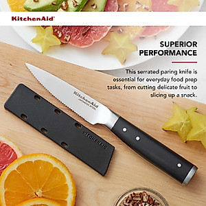 KitchenAid Gourmet Forged Triple Rivet Serrated Paring Knife with Custom-Fit Blade Cover, 3.5-inch, Sharp Kitchen Knife, High-Carbon Japanese Stainless Steel Blade, Black