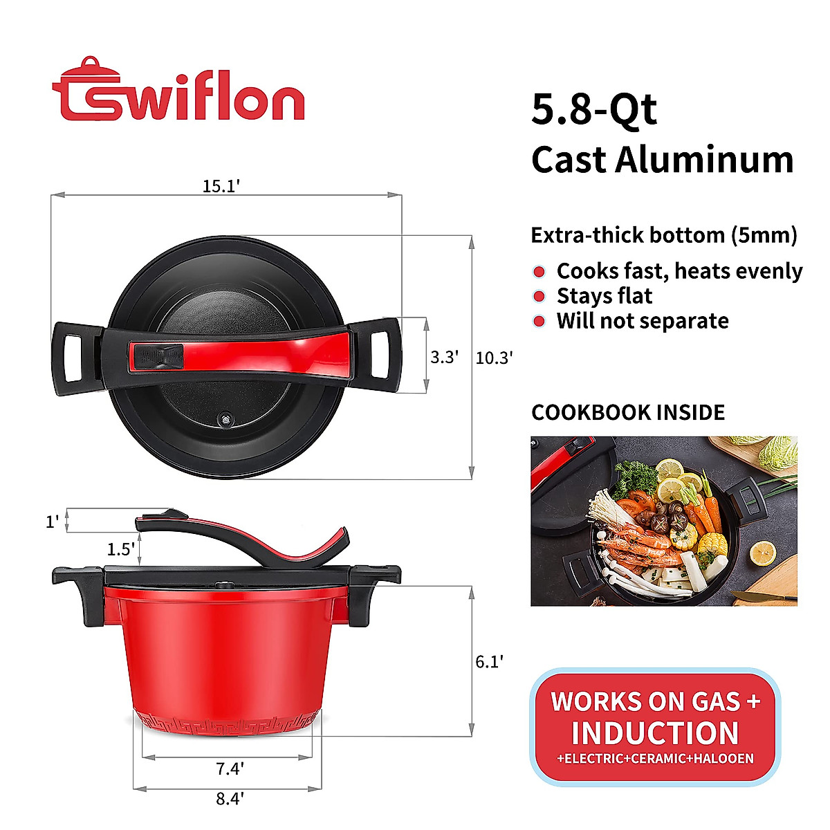 swiflon 5.8 Quart Nonstick Cast Aluminum Stock Pot, Cooking Pot with Easy Lock Low Pressure Lid, with Stainless Induction Base