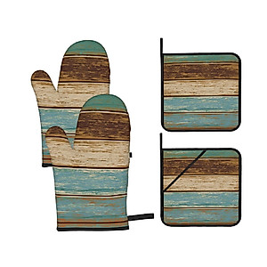 Retro Rustic Barn Wood Oven Mitts and Pot Holders Sets Set of 4，Resistant Hot Pads Non-Slip Cotton Lining Gloves for Kitchen Baking Cooking Grilling