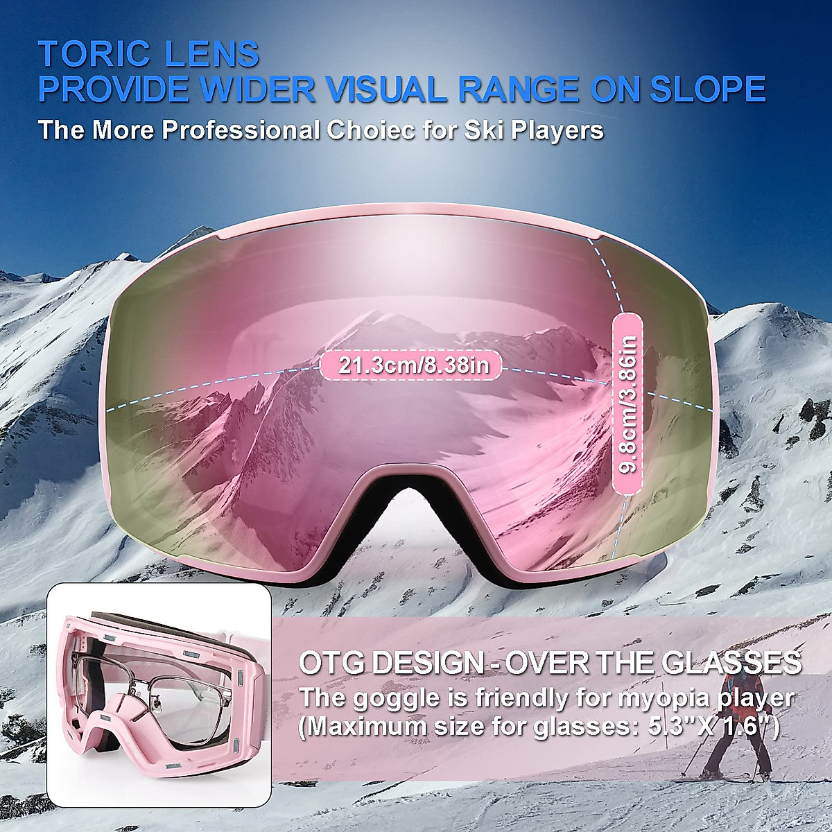 EXP VISION Ski Goggles Anti-Fog Adult Snowboard Goggles with UV Protection, Over The Glasses Snow Goggles