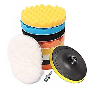 BESUNTEK Car Polishing Pad Kit, 11 Pcs 5 Inch Car Foam Sponge Drill Polishing Disc Woolen Buffer Pads with M10 Drill Adapter for Car Sanding Polishing Waxing Sealing Glaze (5 Inch)