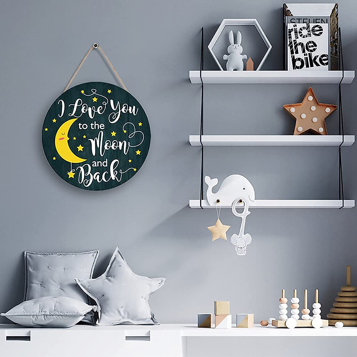 CHDITB Love You To The Moon And Back Wood Sign Wall Decor, Moon Star Wooden Door Hanging Art, Family Love Words Wood Art Plaque for Children Wife Bedroom Nursery (12''x12'')