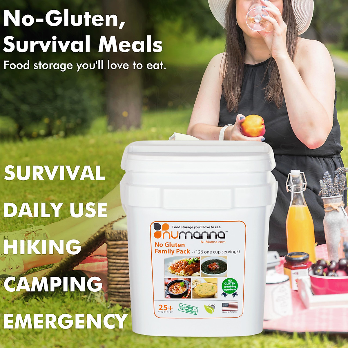 Numanna No-Gluten Family Pack Bucket 126 Servings Breakfast, Lunch, Dinner Meals Non-Gmo, No Msg, No Added Preservatives Easy to Prepare Emergency Survival Food Made in USA 25 Year Shelf Life
