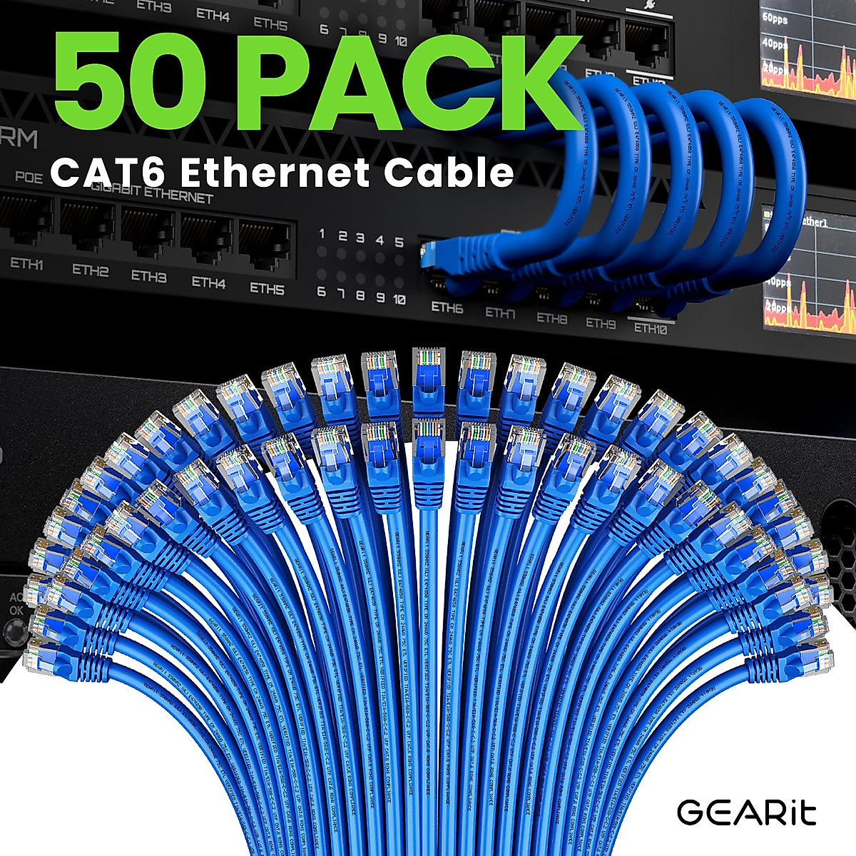 GearIT Cat 6 Ethernet Cable (50-Pack 1 Foot) Cat6 Network Patch, 10Gbps, RJ45, Snagless Cord, Gold-Plated Connectors, Internet for PC, TV, Tablet, Router, Printer, Servers, IT Data Center - Blue