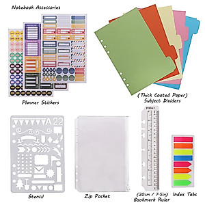 HXRTANGS A5 Loose-Leaf Notebook, Refillable 6-Ring Binder Journal Organizer with 80 Sheets Lined Paper + Planner Stickers + Subject Dividers + Index Tabs + Zip Bag + Stencil + Bookmark Ruler, Brown