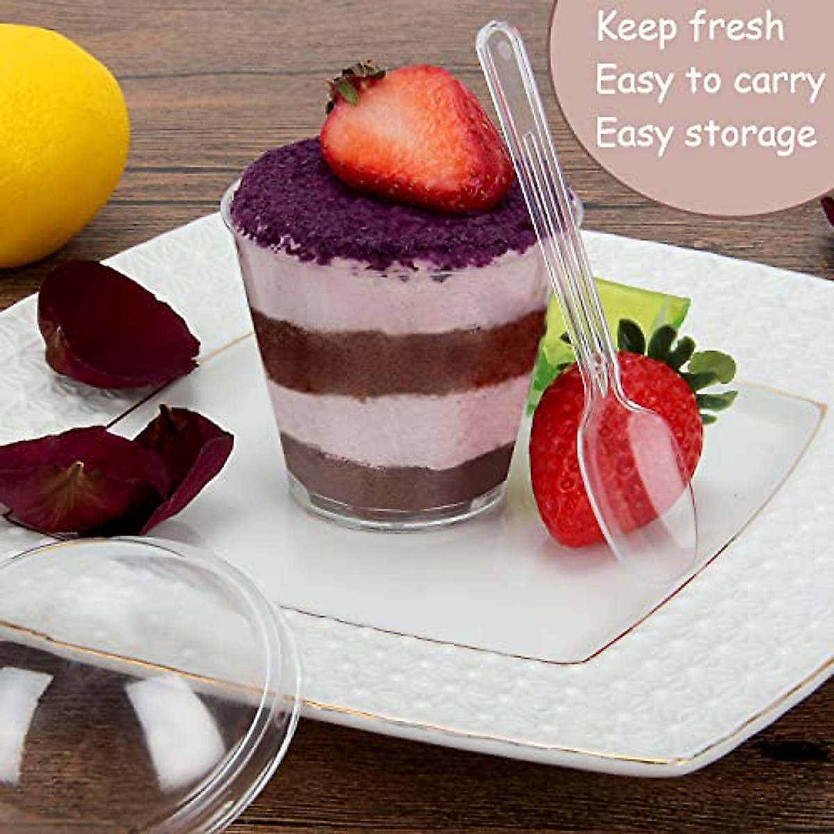 HawHawToys Dessert Cups with Dome Lids and Spoons, 100 Pack 3 OZ Round Mini Plastic Parfait Cups for Party Individual Desserts, Appetizers Serving (3 oz, 100)