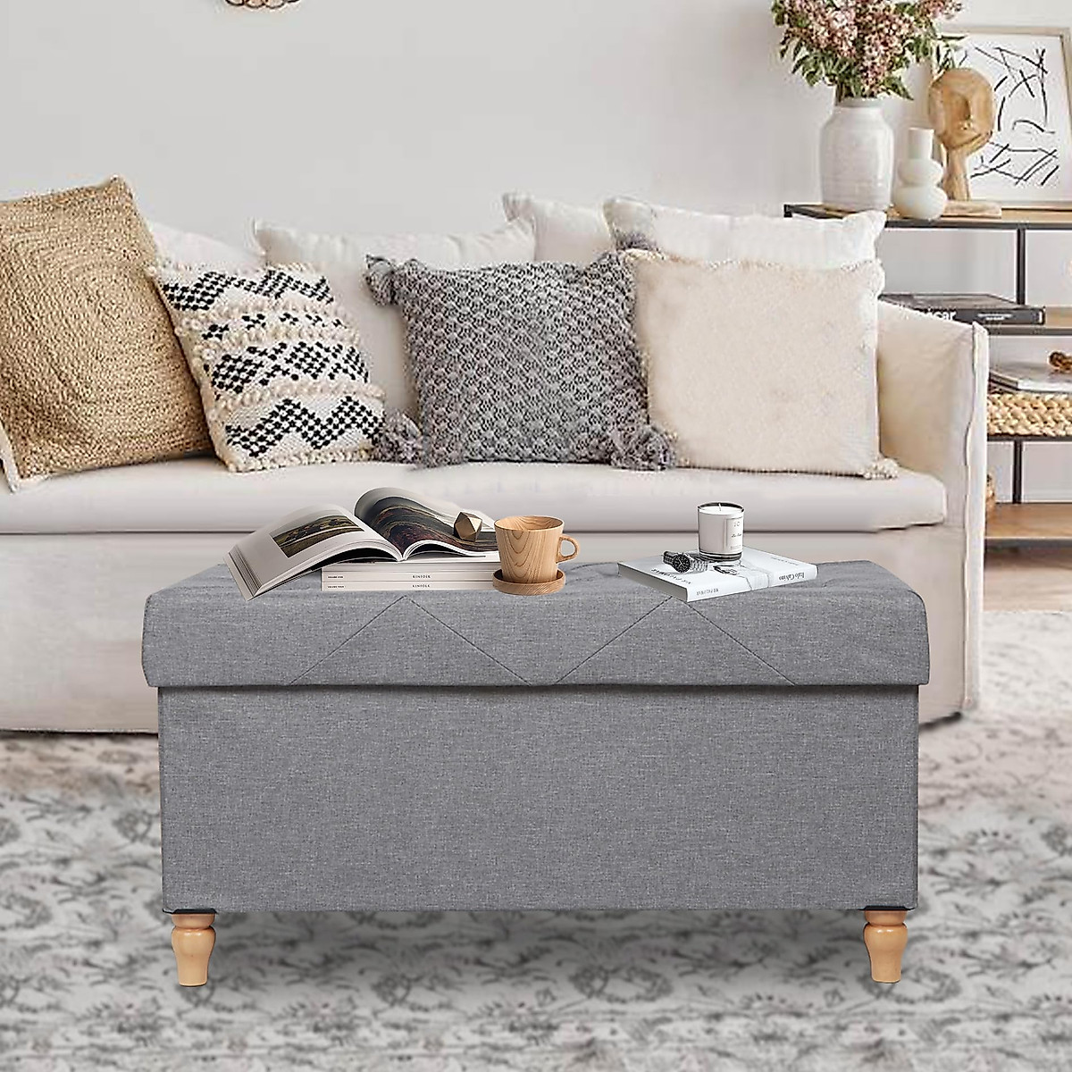 GLAXYFUR Storage Ottoman with Wooden Legs, Folding Storage Bench for Living Room, 30" Linen Fabric Ottoman Foot Rest Stool (Linen, Light Grey)