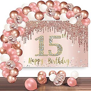 Happy 15th Birthday Banner Backdrop Decorations with Confetti Balloon Garland Arch, Rose Gold 15 Birthday Banner Balloon Set for Girls, Pink 15 Year Old Bday Poster Photo Booth Decor
