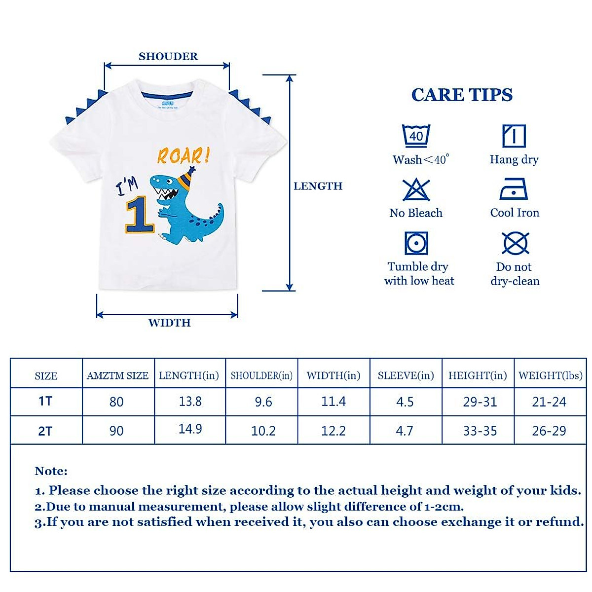 AMZTM 1st Dinosaur Birthday Boy T-Shirt Baby Boy One 1 Year Old Birthday Shirt Outfit First Dino Birthday Party Boy Top Tee White