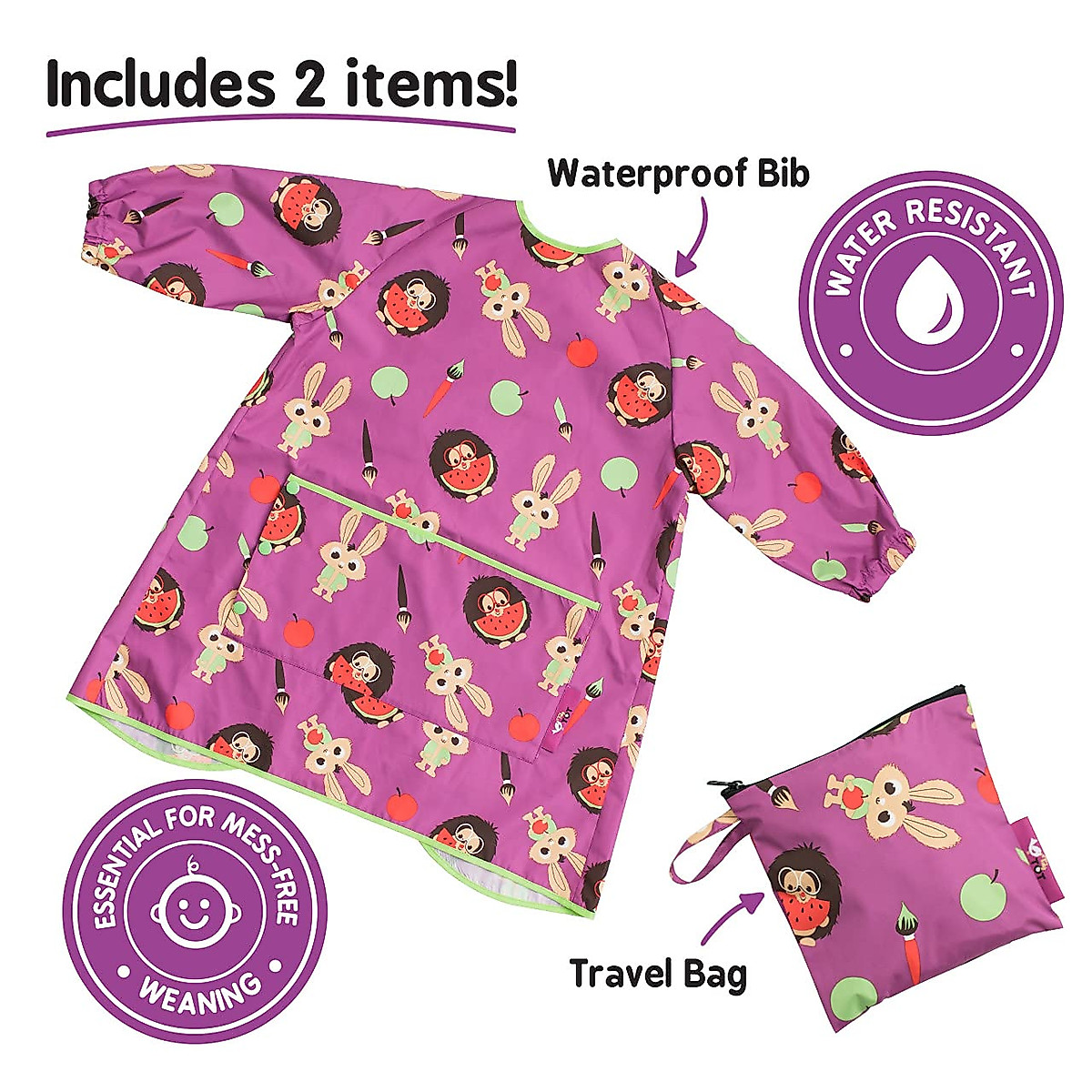 Tidy Tot - Long Baby Bib - Mess Proof Long Sleeve Feeding Smock with Large Food Catcher Pocket - Waterproof Bib – Machine Washable. Fits 6-24 months - Purple