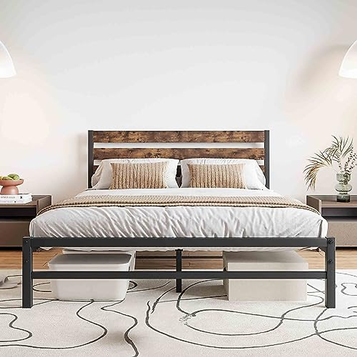 RIDFY Queen Bed Frame with Rustic Vintage Wood Headboard, Platform Bed Frame, Mattress Foundation, Strong Metal Slats Support,No Box Spring Needed,Easy Assembly,Noise-Free, Country Style, Brown
