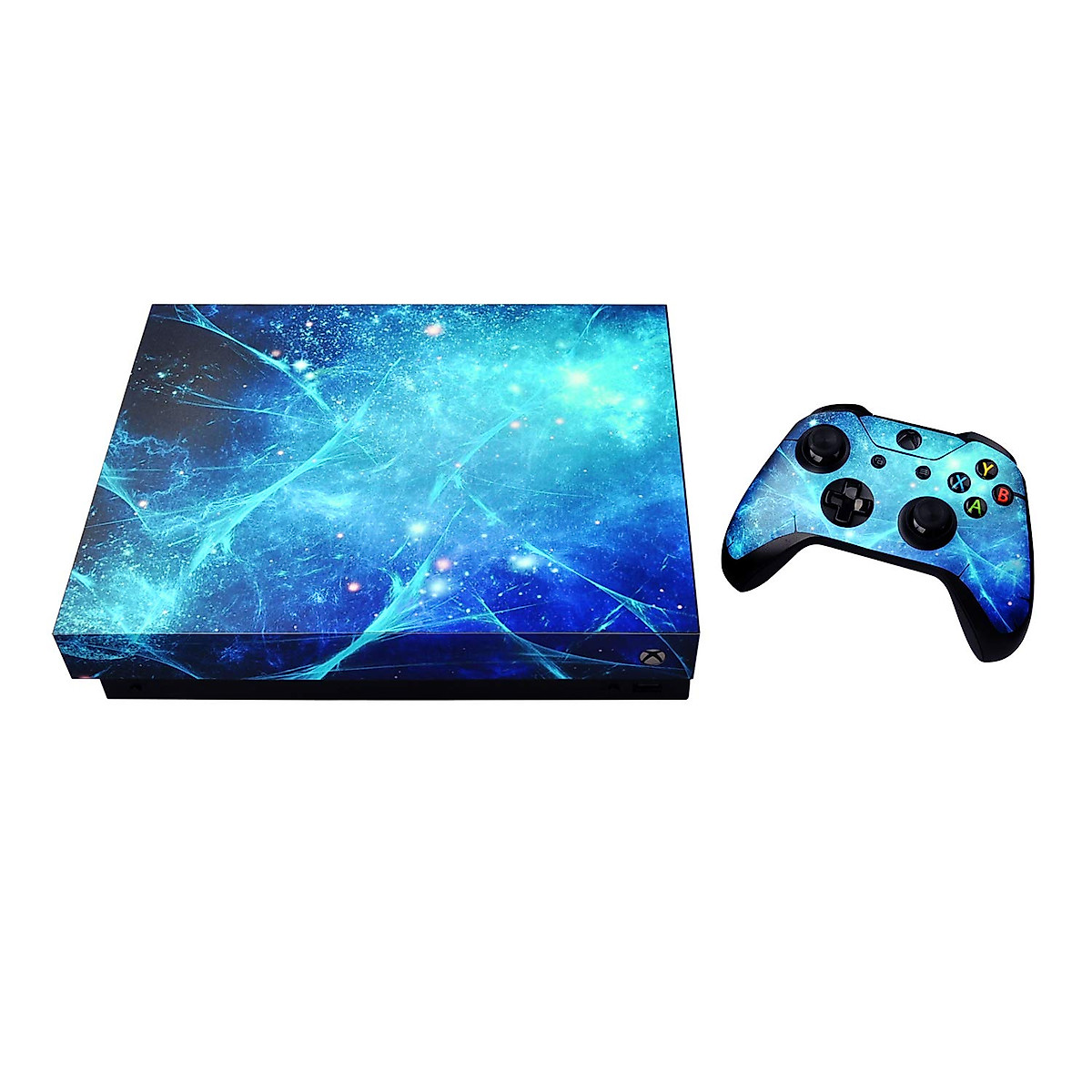 eXtremeRate Full Set Faceplates Skin Stickers for Xbox One X Console Controller with 2 Pcs Home Button Decals - Blue Galaxy