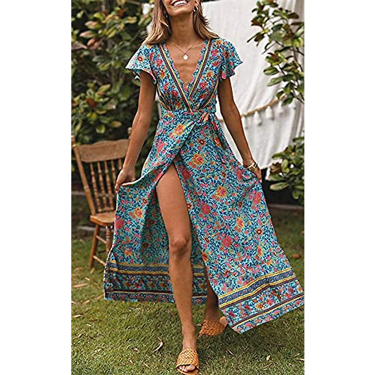 ZESICA Women's 2023 Bohemian Floral Printed Wrap V Neck Short Sleeve Split Beach Party Maxi Dress,Green,Medium