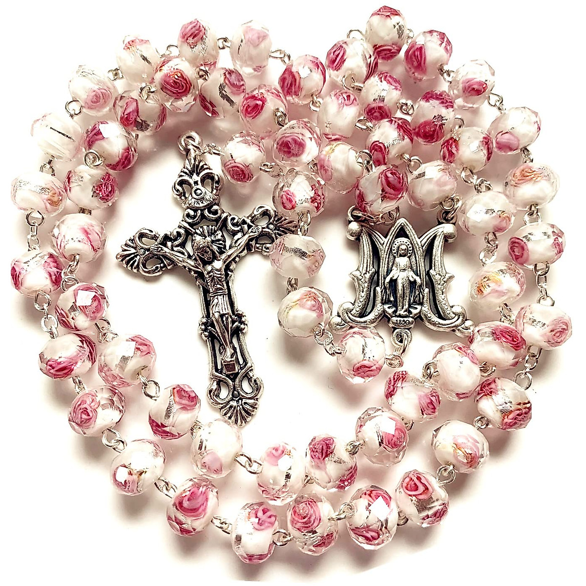 elegantmedical Handmade ROSE PINK Veluriyam ROSE BEADS ROSARY & ITALY CROSS MEDAL Catholic necklace GIFT BOX
