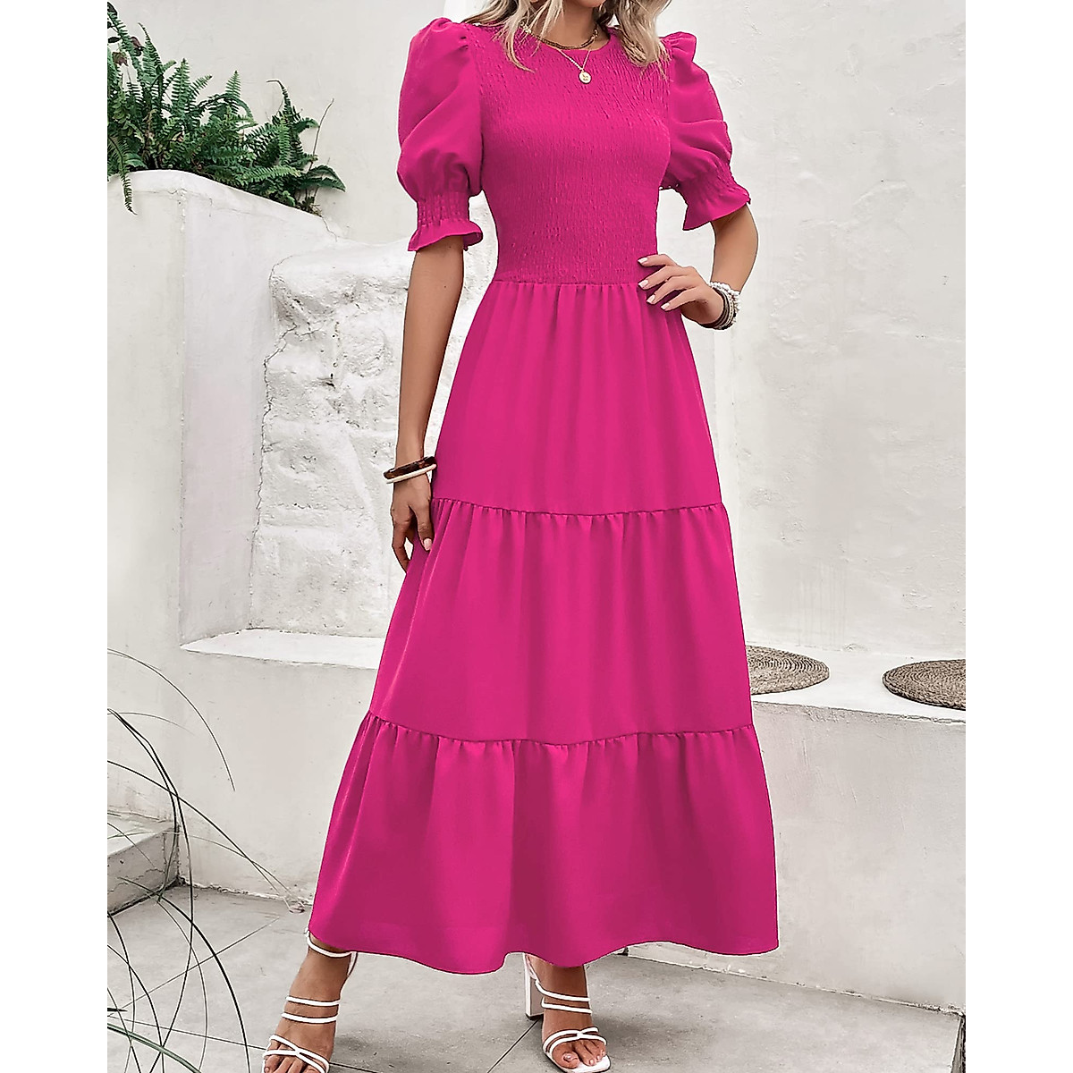 BTFBM Women Casual Summer Dresses 2024 Spring Crew Neck Ruffle Short Sleeve Floral Print Smocked Boho Flowy Maxi Dress(Solid Rose Red, Small)