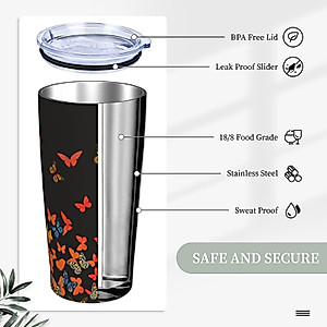 JASROTAO Colored Butterflies Tumbler,Butterflies 20oz Stainless Steel Insulated Travel Tumbler,Travel Coffee Mug with Lid and Straw Water Bottle Drink Tumbler Cups Gifts for Women Men