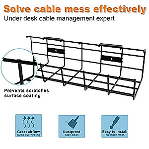 COYACOOL Under Desk Cable Management- 2 Pack Cord Organizer. Metal Wire Cable Management Tray for Office, Studio and Home. Super Sturdy Under Table Cable Management - Black Cable Organizer