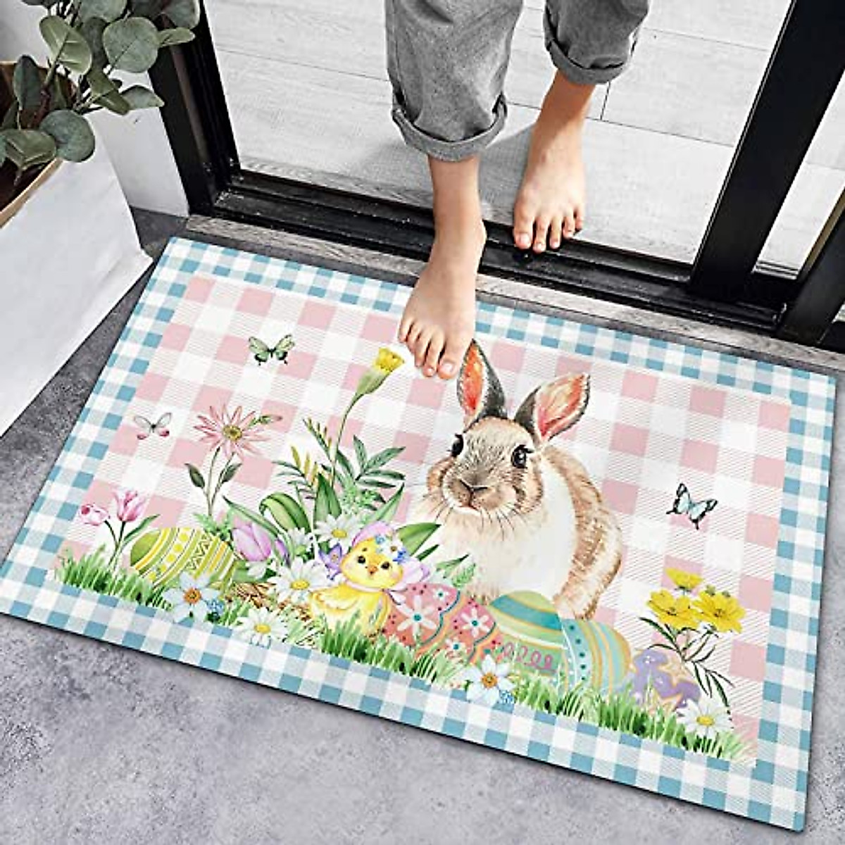 Welcome Doormat Easter Bunny Spring Green Leaf Floral Egg Basket Pink Blue Plaid,Non Slip Indoor Floor Mat Bath Rug,Rabbit Chick Flower Entrance Carpet Bedroom Kitchen Living Room Bathroom 16x24In