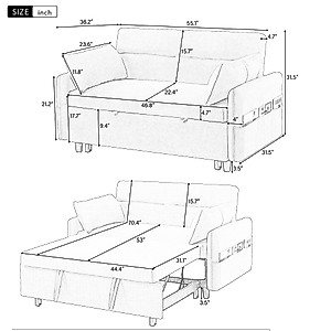 HABITRIO Modern 55.1" Pull Out Sleep Sofa Bed 2 Seater Loveseats Sofa Couch with Adjsutable Backrest,Multifunctional Small Sofa Bed with 2 Pillows for Apartment Office Living Room