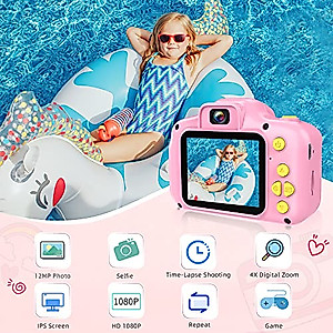 Kids Camera, Wonder Island Kids Digital Camera for Girls Age 3-12, Christmas Birthday Gifts Toys Camera for 3 4 5 6 7 8 Year Old Boy, Selfie Camera Time-Lapse Video Record with 32GB SD Card-Pink