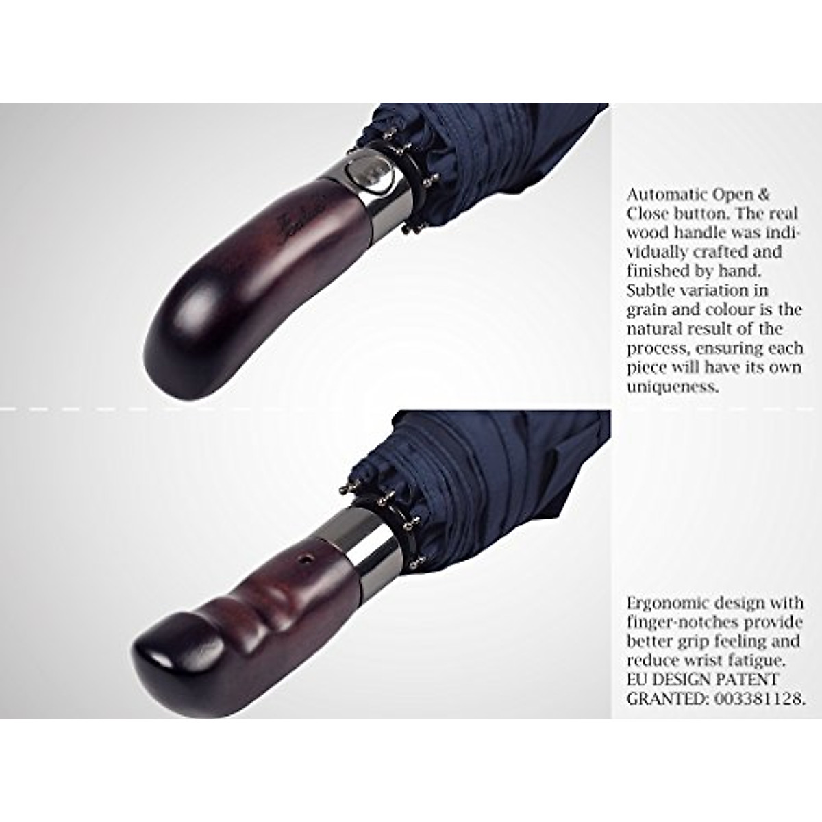 Balios Travel Umbrella Wood Handle Auto Open Close Vented Canopy Dark Navy