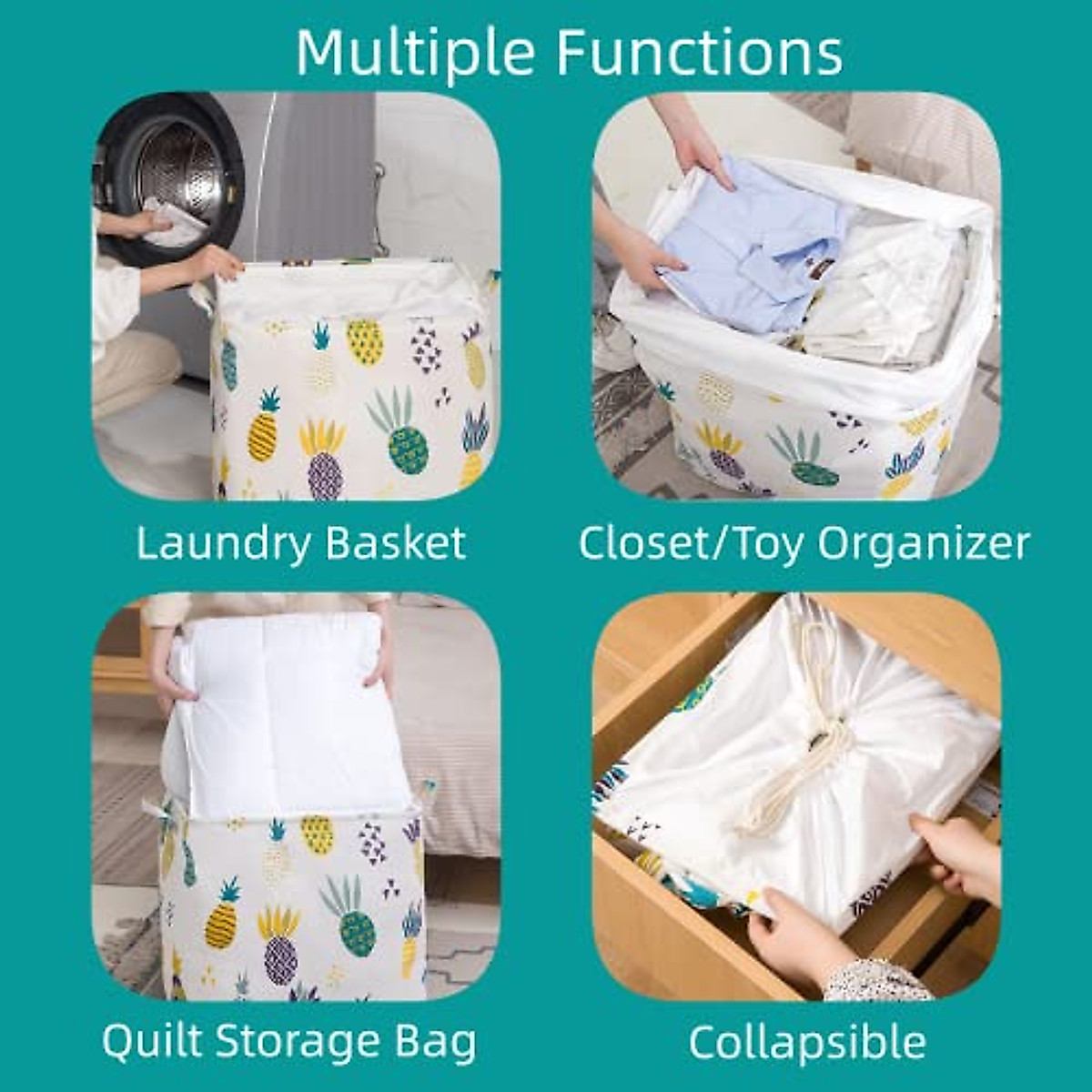 Collapsible Laundry Basket, 40L Laundry Hamper, 100L Closet Organizer, Canvas Clothes Toys Storage (White Set)