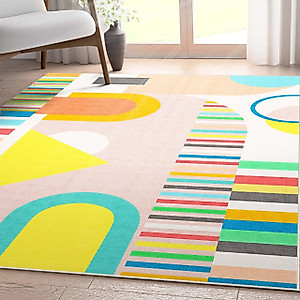 Well Woven Geometric Modern Flat-Weave Washable 7'10" x 9'10" Area Rug - Multi Color Bright Geometric Abstract - for Living Room, Dining Room and Bedroom