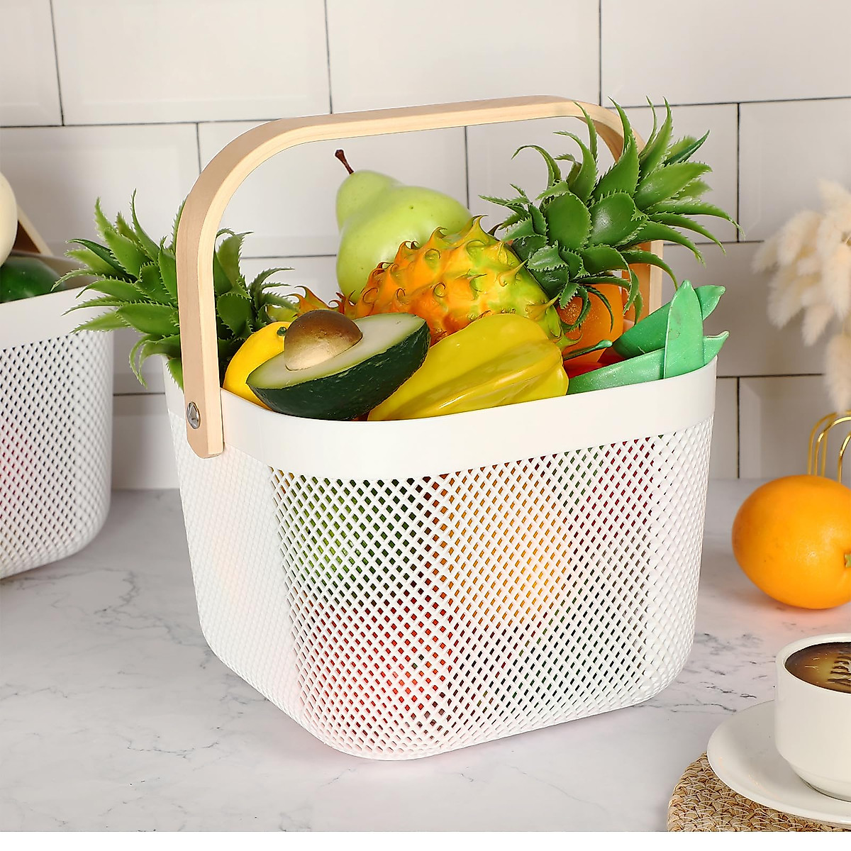 Roshtia 6 Pcs Plastic Mesh Storage Basket with Handle 9.8 x 10.2 x 7.1 Inch Garden Harvest Storage Basket Multi Functional Hanging Organizer for Kitchen Bathroom Picnic Cabinet Home(White)