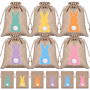 Whaline 24Pcs Easter Burlap Bag Drawstring Gift Bag Easter Bunny Rabbit Linen Jute Bag with Fluffy Tail Gift Pouch Bag Hunt Bag Party Favor Bag Chocolate Sweet Bags for Easter Birthday Treats Goodie