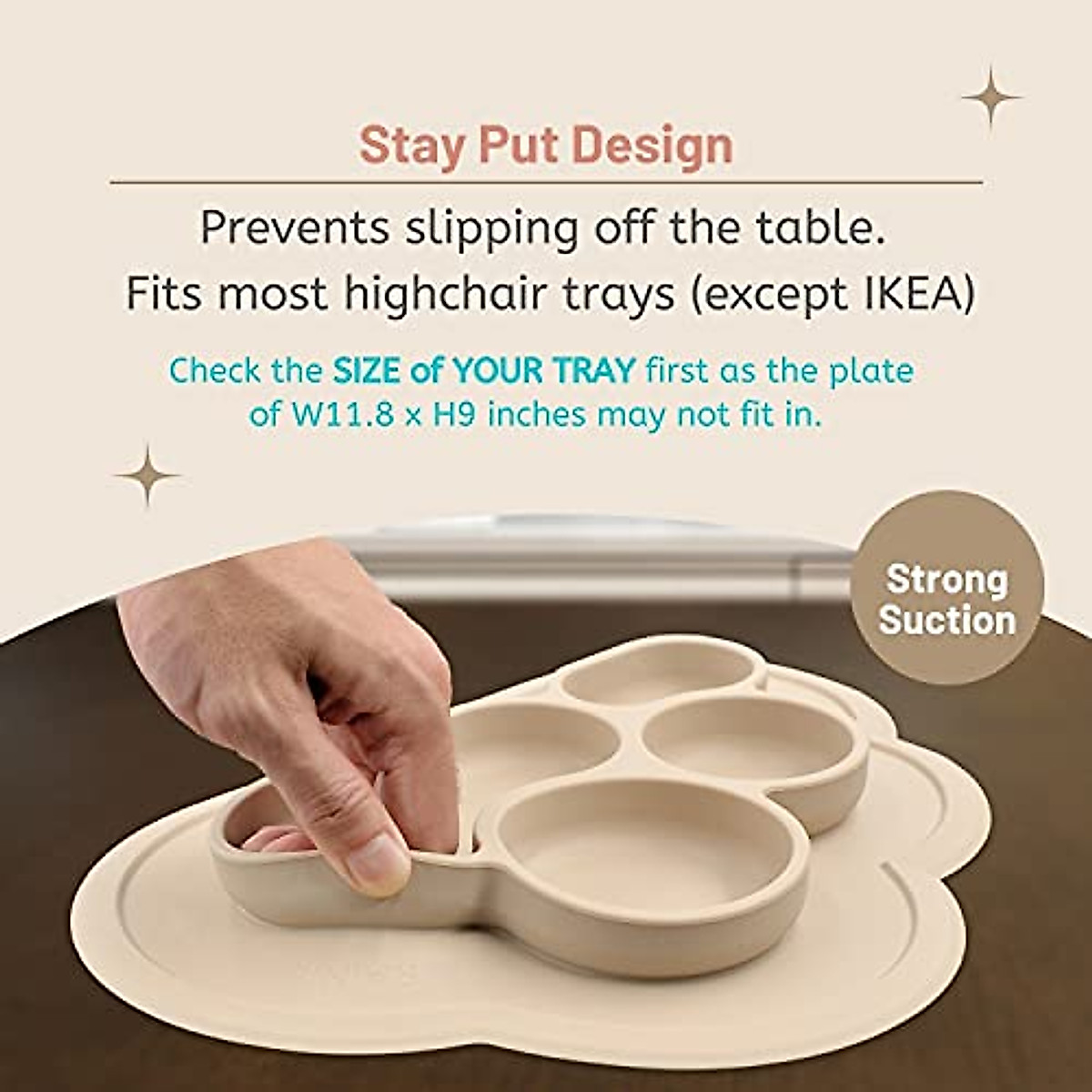 RAiN.B. CloudieMate Silicone Suction Plate with Built-in Placemat for Babies & Toddlers, Microwave Dishwasher Safe, Non-Slip Divided Plate with 4 Sections, BPA Free Food Grade Silicone /Glacier Blue