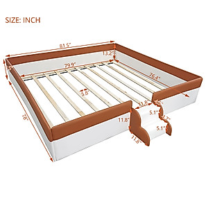 HoRunzelin King Size Soft Floor Bed with Stairs, PU Leather Upholstered Grounded Daybed, Low Profile Montessori Bed with Slat Support for Kids Boys Girls Teens Adults,Brown+White