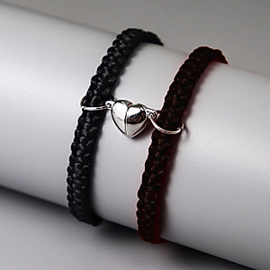 COLORFUL BLING Matching Mutual Attraction Couple Bracelets Long Distance His and Hers Adjustable Braided 8 Infinity Love Heart Friendship Bracelet Jewelry-Heart Black