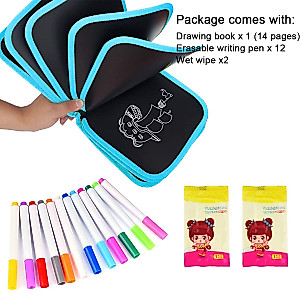 T-Antrix Kids Erasable Doodle Book Set, Reusable Drawing Pads, Preschool Travel Art Toy Scribbler Board for Travel, Road Trip, 14 Pages with 12 Watercolor Pens
