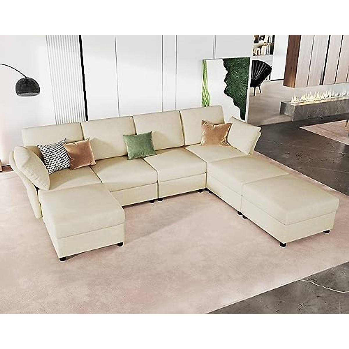 VanAcc Sectional Couch 7 Seats, Modular Sectional Sofa, Convertible Sofa in U Shape with Ottomans, Reversible Sofa Couch for Living Room, Beige Chenille