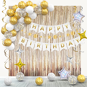 Gold Birthday Decorations - for Women Men Girls Boys,Gold White Party Decorations Set With Birthday Banner(Pre-Strung),Gold Foil Curtains,Gold White Confetti Balloons,Star Garland and Hanging Swirls.