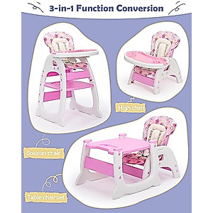 SANDINRAYLI Baby High Chair, Pink 3 in 1 Highchairs, Convertible Plastic Toddler Eating Chair with Tray, Portable Feeding Chair with 5-Point Harness