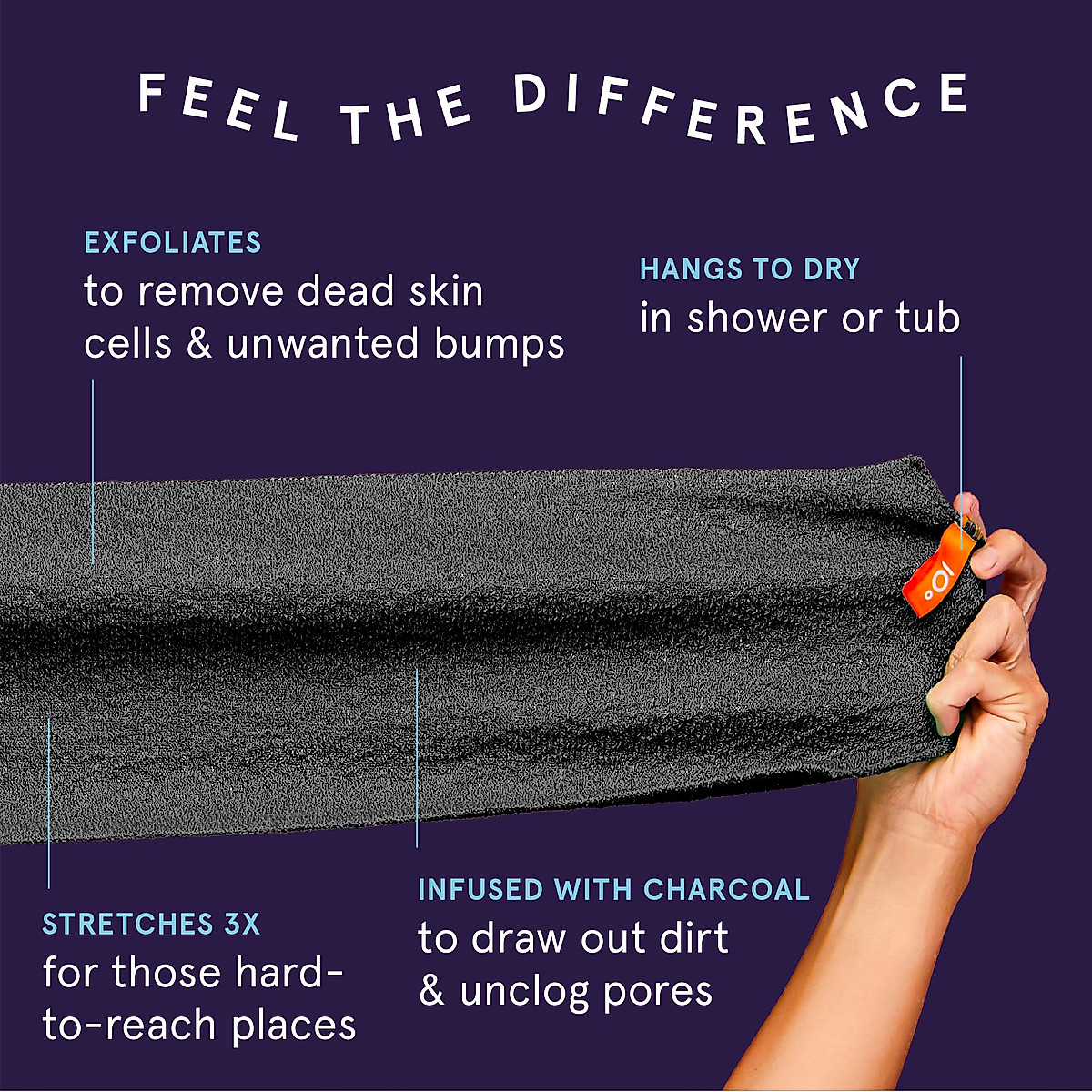 Cleanlogic Body Exfoliating Cloth, Stretchy Detox Charcoal Infused Exfoliator Bath and Shower Washcloths, Reusable Daily Skincare Tool, 3 Count Value Pack