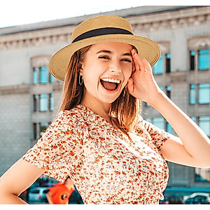 Women's Wide Brim Sun Hat Straw Panama Hat - UV-Protection Summer Boater Fedora Beach-Sun-Hats(M-L)