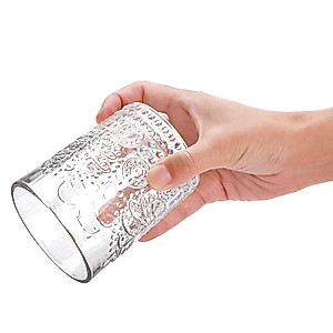 Okllen 6 Pack Clear Romantic Drinking Glasses, 10 Oz Embossed Water Glasses Tumblers, Vintage Glassware Set Highball for Juice, Whisky, Beverages, Beer, Cocktail