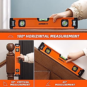 URASISTO 16 Inch Torpedo Level, Magnetic Level Tool with 45°/90°/180° Bubbles, Aluminum Alloy Construction, Shock Resistant Bubble Level Tool(400mm)