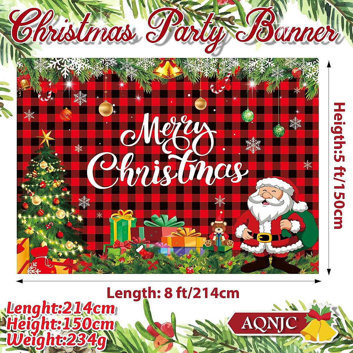 7x5ft Christmas Banner Christmas Tree Santa Claus Snowflake Christmas Backdrop Home Outside Office Decorations Red and Black Plaid Xmas Winter Hanging Wall Party Banner for Photoshoot