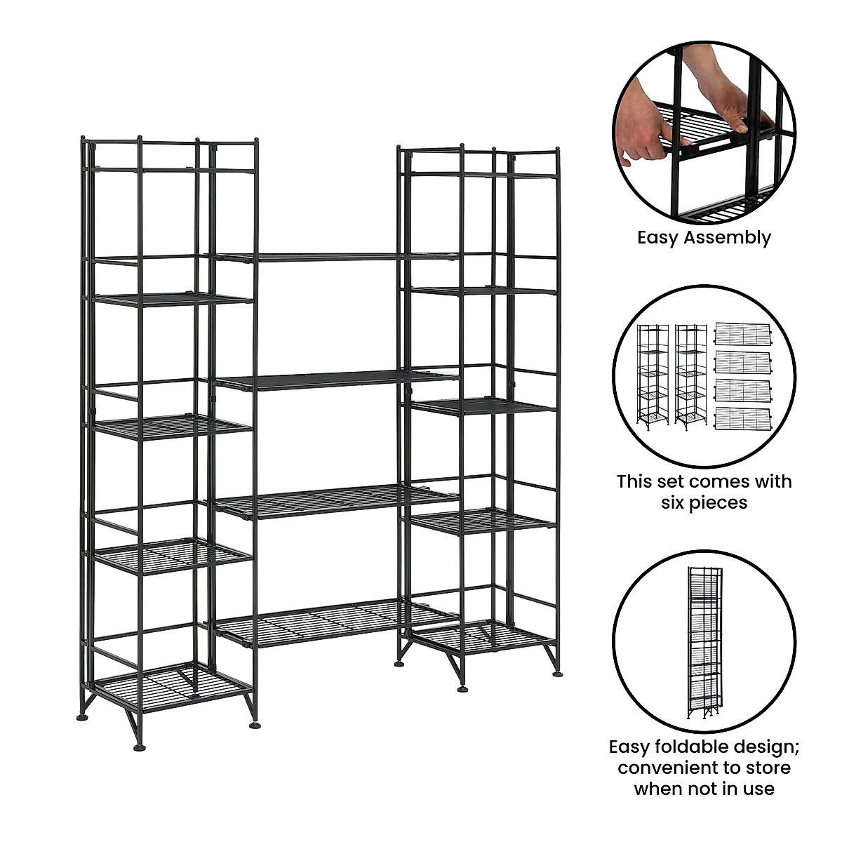 Convenience Concepts Xtra Storage Shelves - 5 Tier Folding Metal Shelving with Set of 4 Extension Shelves - Modern Shelves for Storage and Display in Living Room, Bathroom, Office, Black