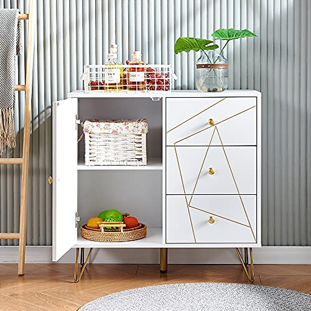 White Modern Kitchen Storage Cabinet Cupboard with Golden Line, Buffet Console Table Cupboard with 1 Door and 3 Drawers for Living Room Dining Room Entry Hallway, Credenza Sideboard Buffet Organizer